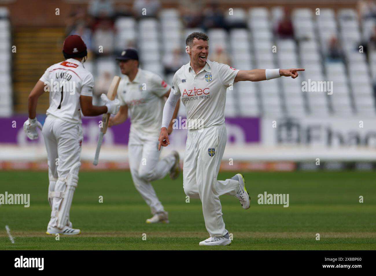 Durham's Peter Siddle celebrates after picking the wicket of Someret's ...
