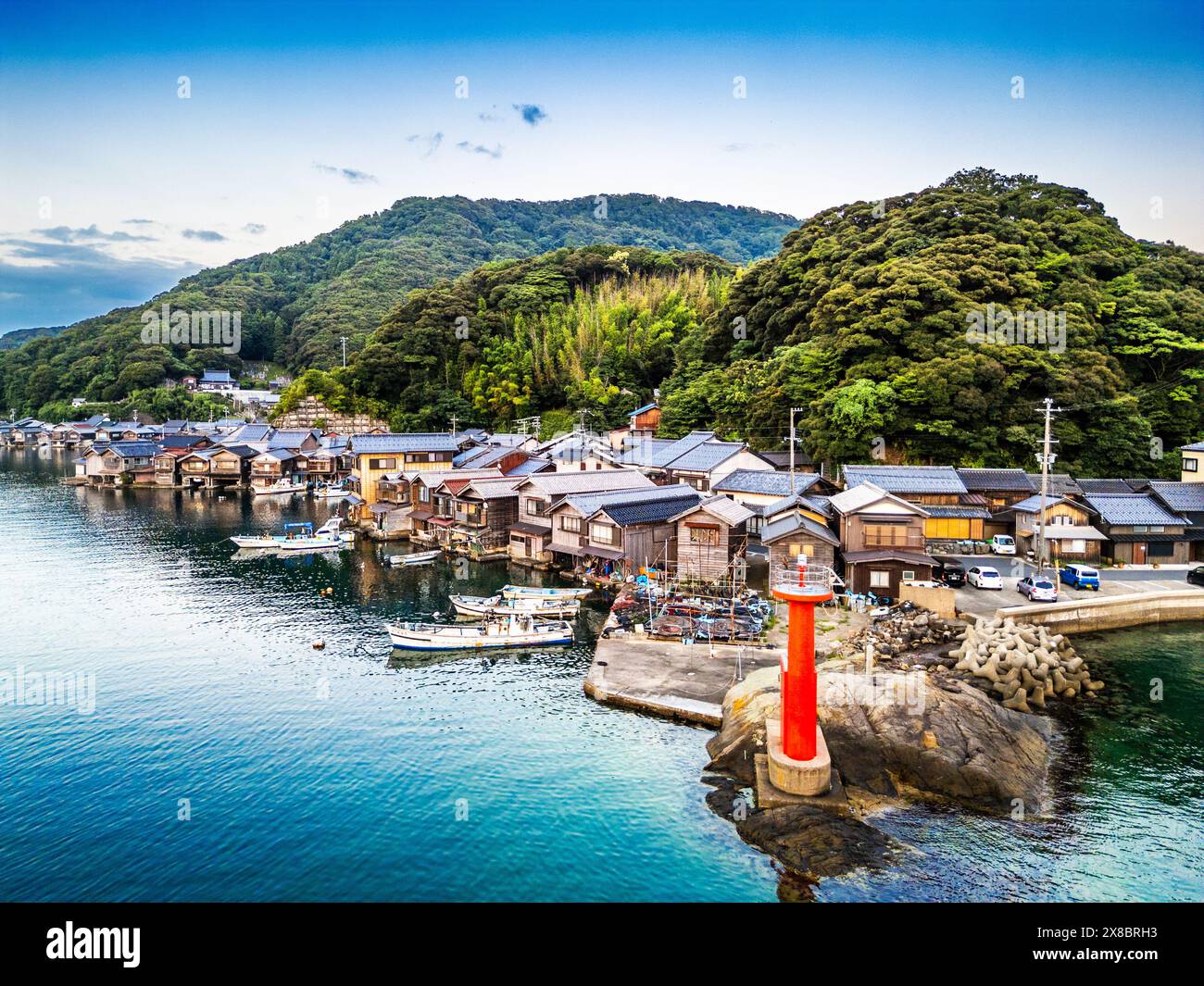 Ine Bay, Kyoto, Japan with Funaya boathouses and the lighthouse Stock ...