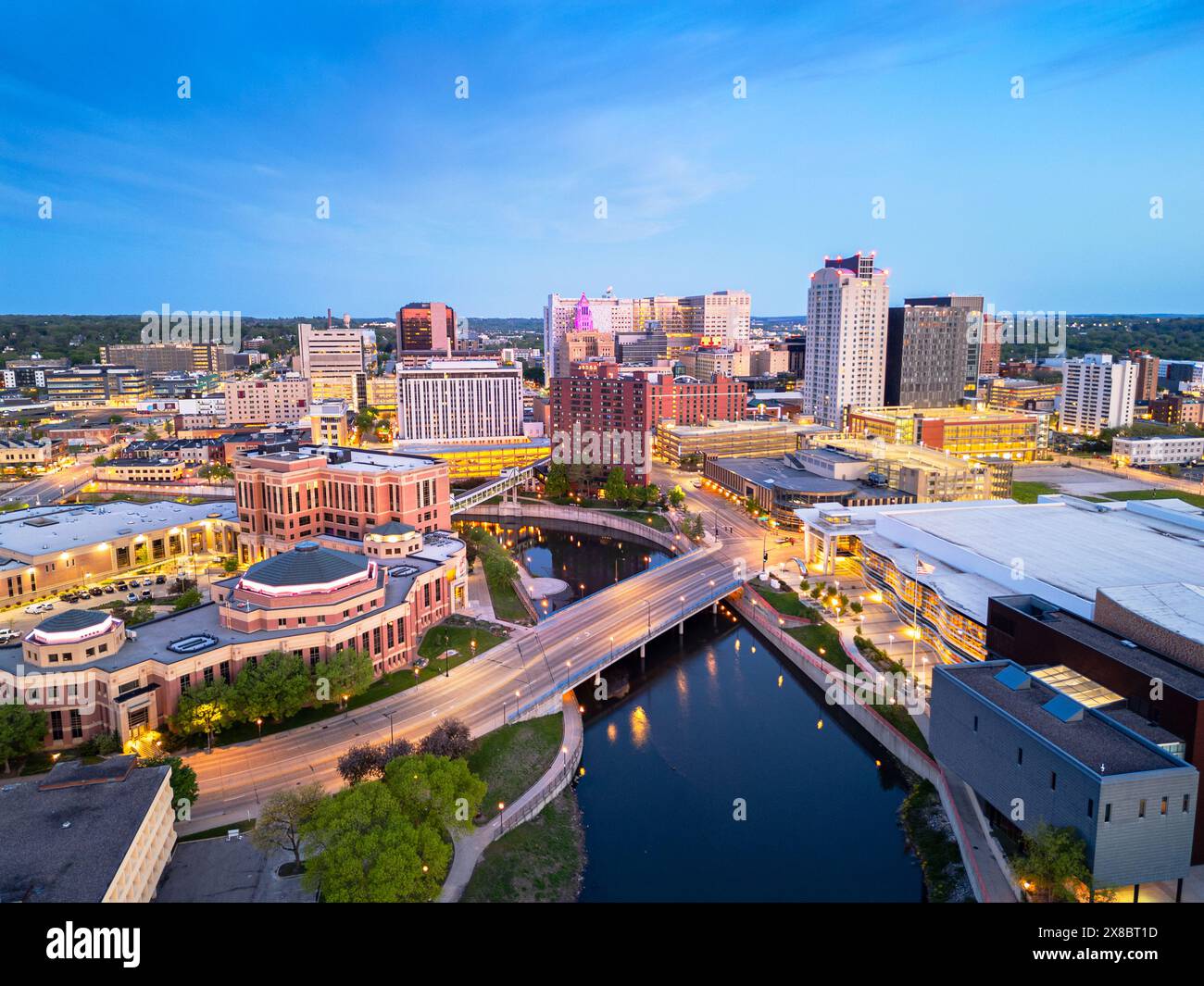 Rochester, Minnesota, USA cityscape on the Zumbro River at blue hour ...