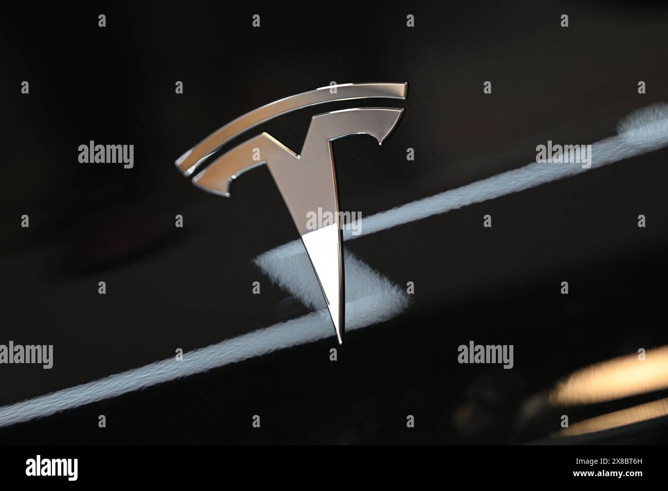 Illustration of Tesla logo present on a tesla car on display at Viva ...