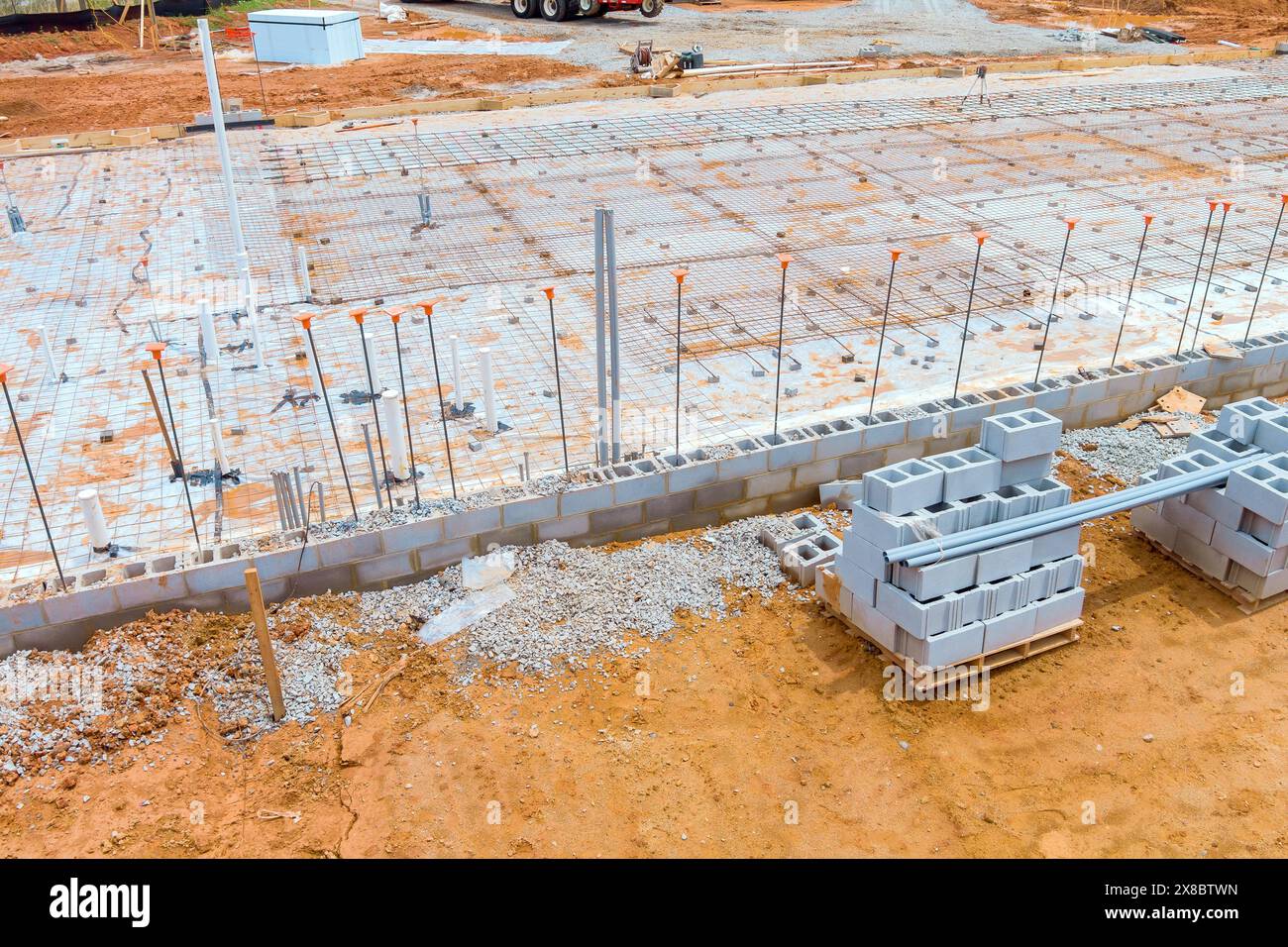 In preparation for concrete pouring, reinforcement metal framework has ...