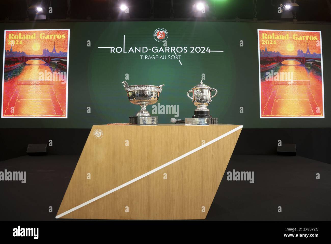 Illustration of the Men and Women French Open trophies during the draw ...