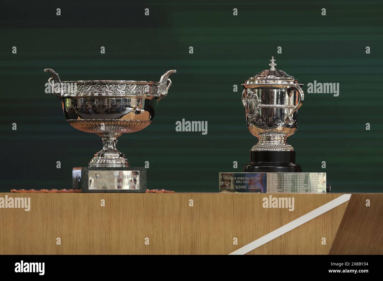 Illustration of the Men and Women French Open trophies during the draw ...
