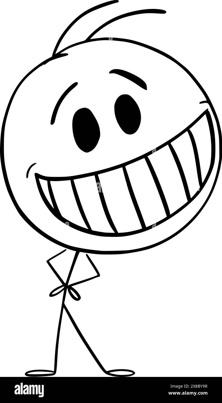 Crazy person showing big smile, vector cartoon stick figure or ...