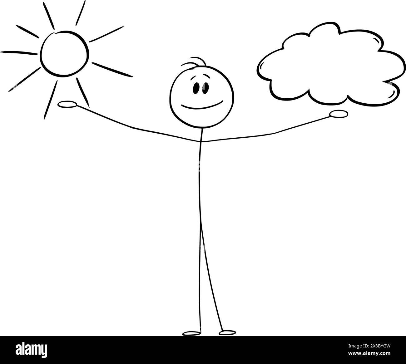 Person showing cloud or sun, mood or weather, vector cartoon stick ...