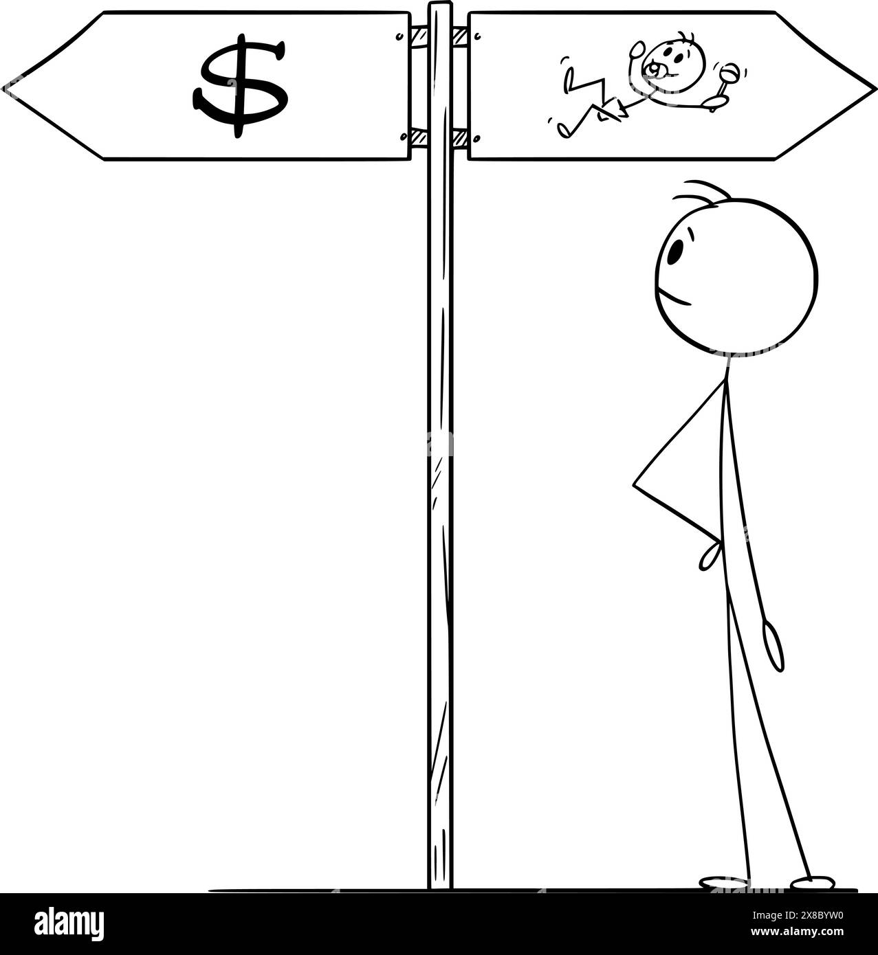 Choose money or children, vector cartoon stick figure or character ...