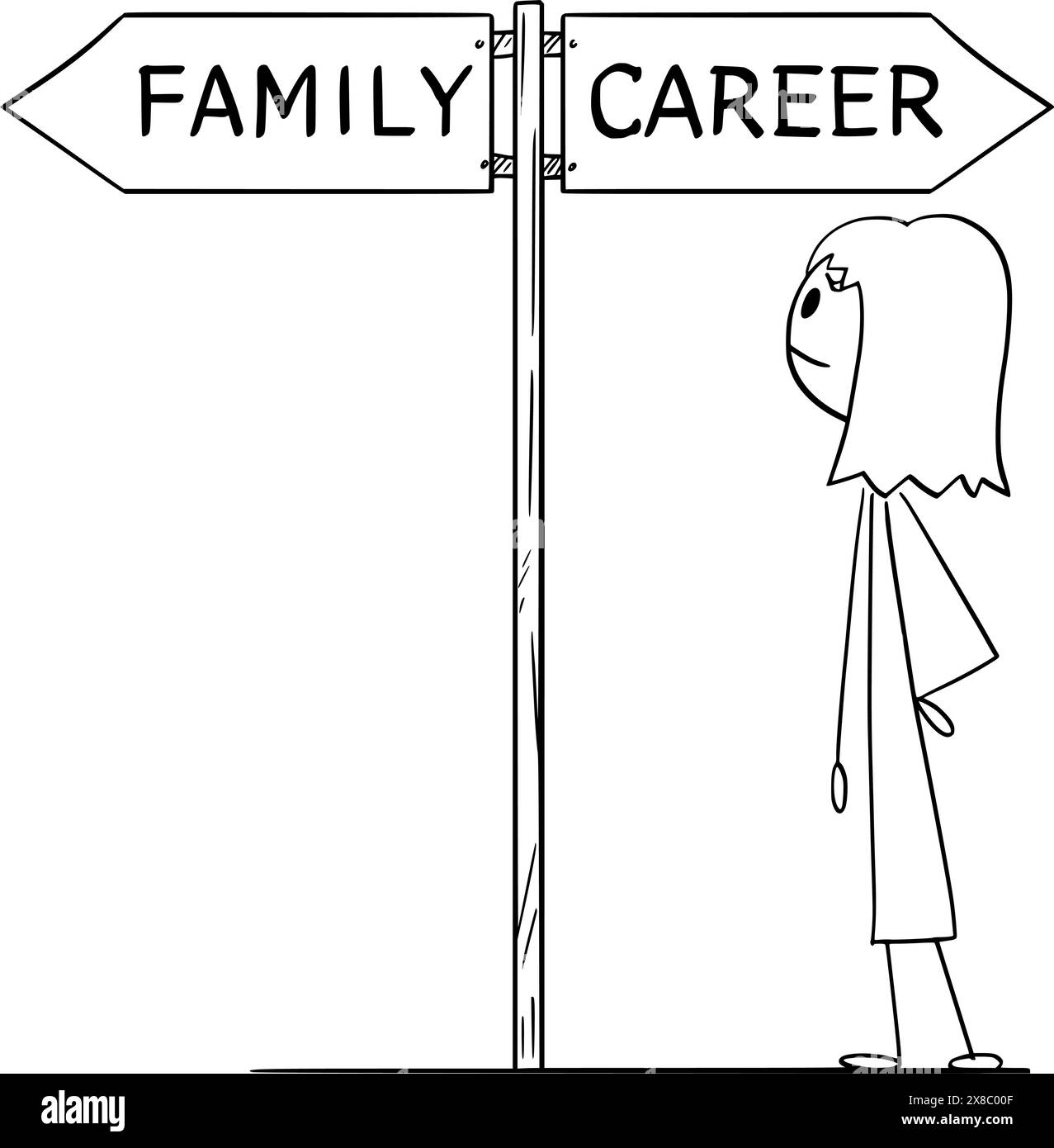 Choose family or career, vector cartoon stick figure or character ...