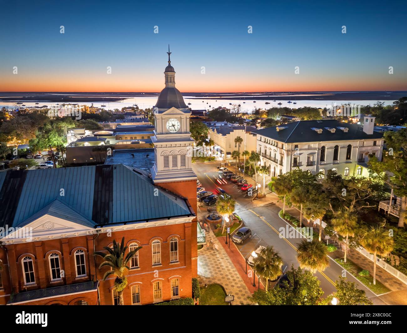 Fernandina Beach, Florida, USA historic downtown cityscape at dusk ...