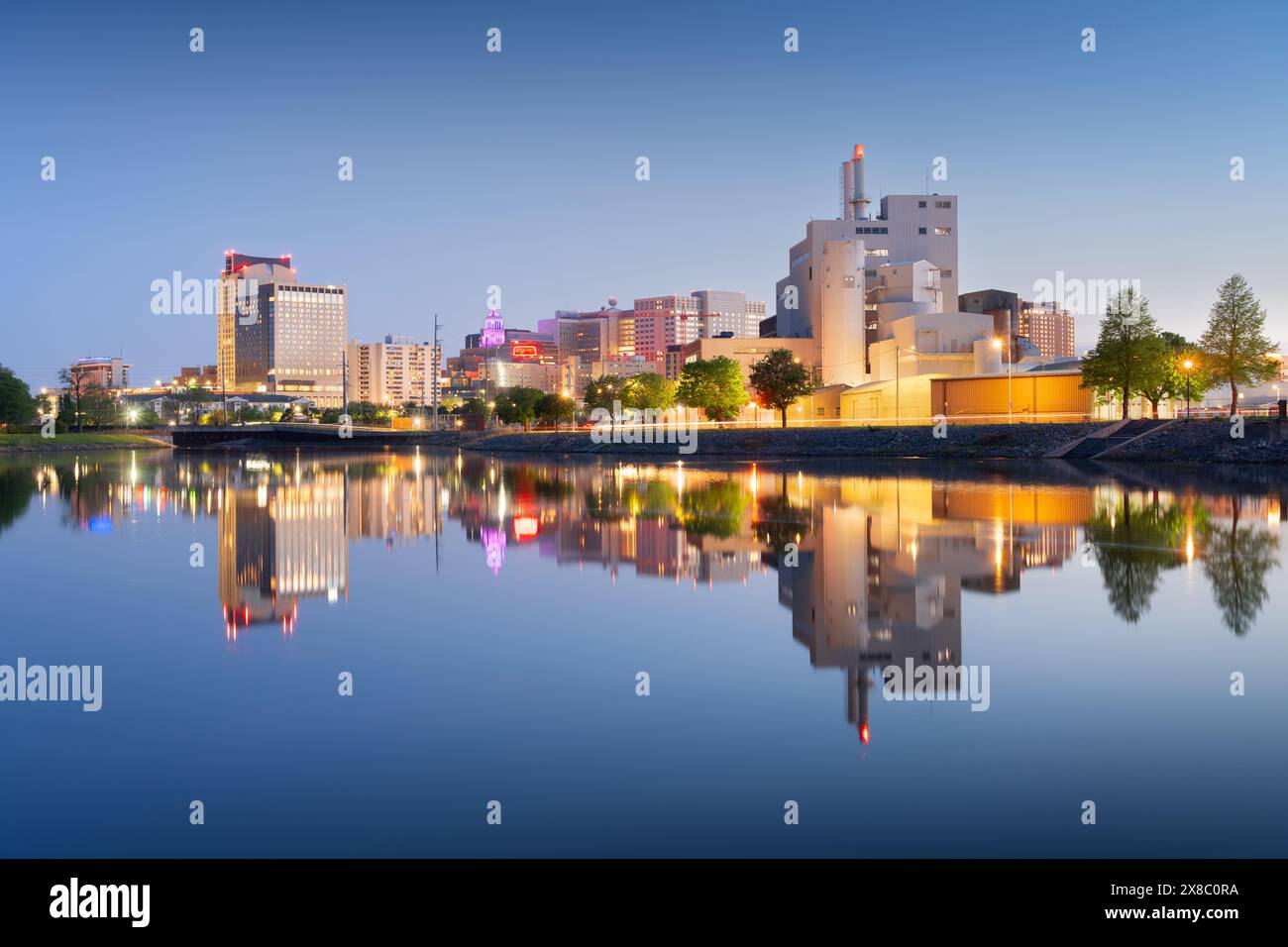 Rochester, Minnesota, USA cityscape on the Zumbro River at blue hour ...