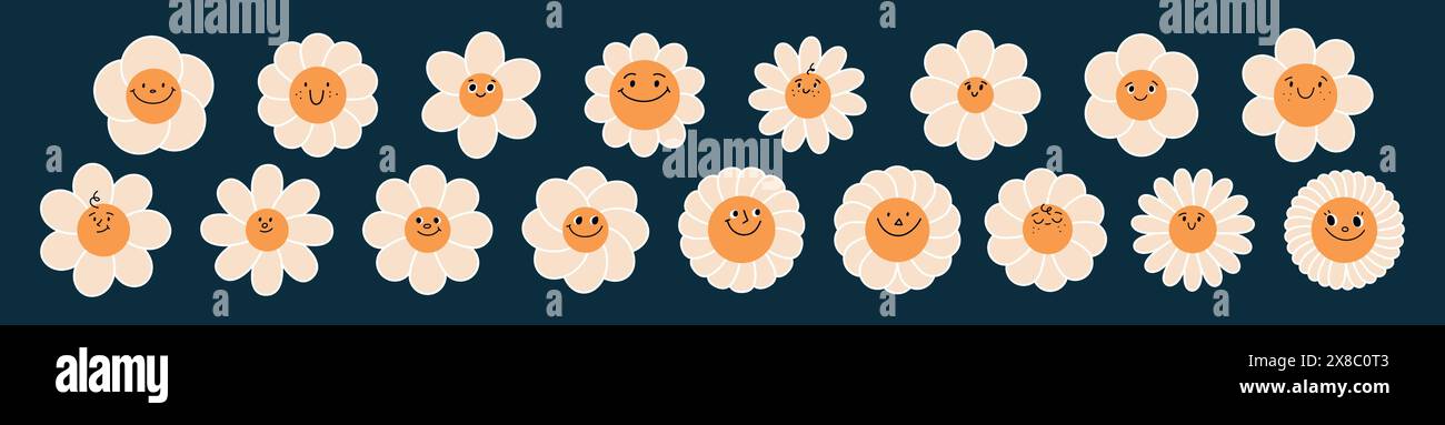 Cute daisy face with happy smile, groovy retro style. 70s hippy icon ...
