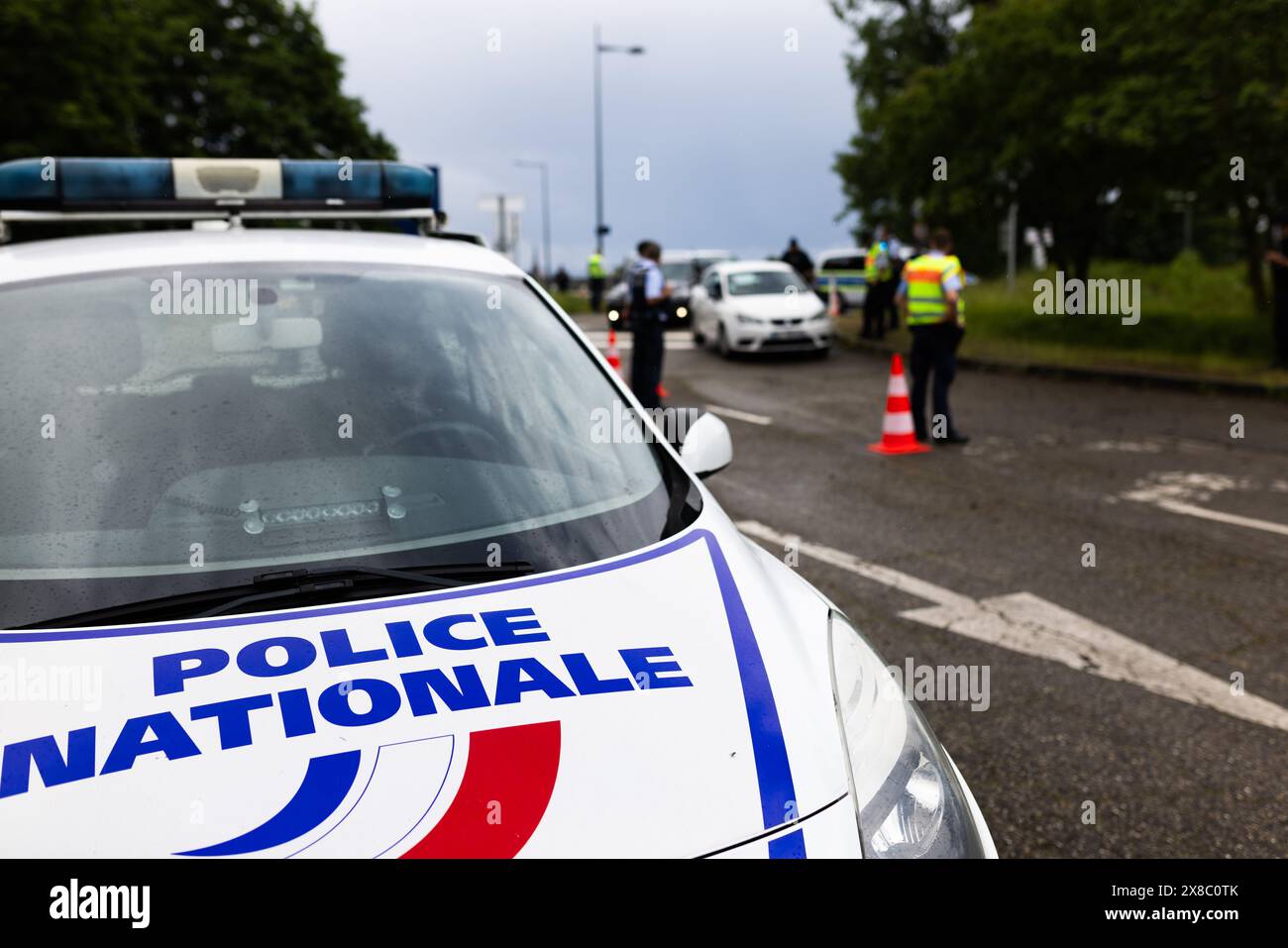 24 May 2024, France, Straßburg: A vehicle of the French Police ...