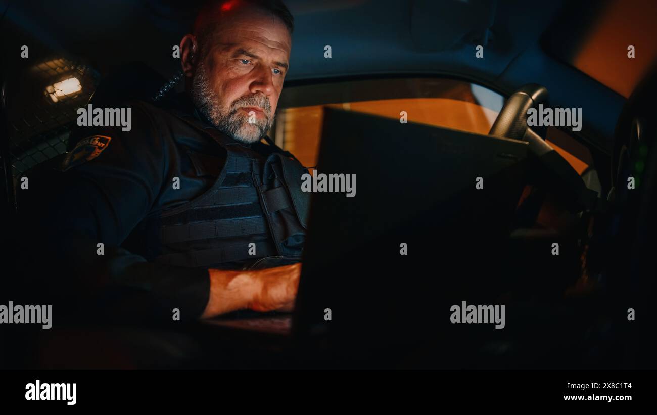 Inside Police Traffic Patrol Squad Car: White Male Police Officer on ...