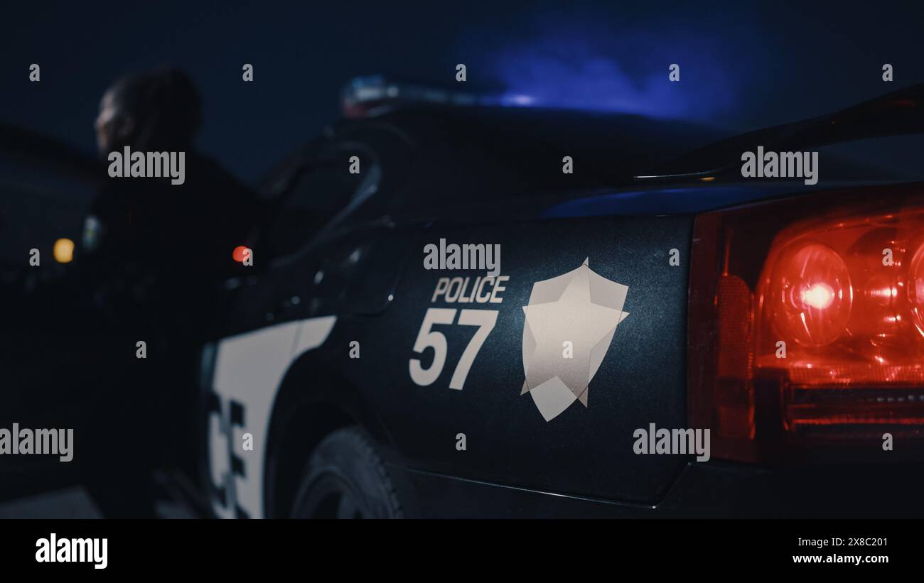 Camera Focus on Police Car Logo and Number. Female Officer Leaving the ...