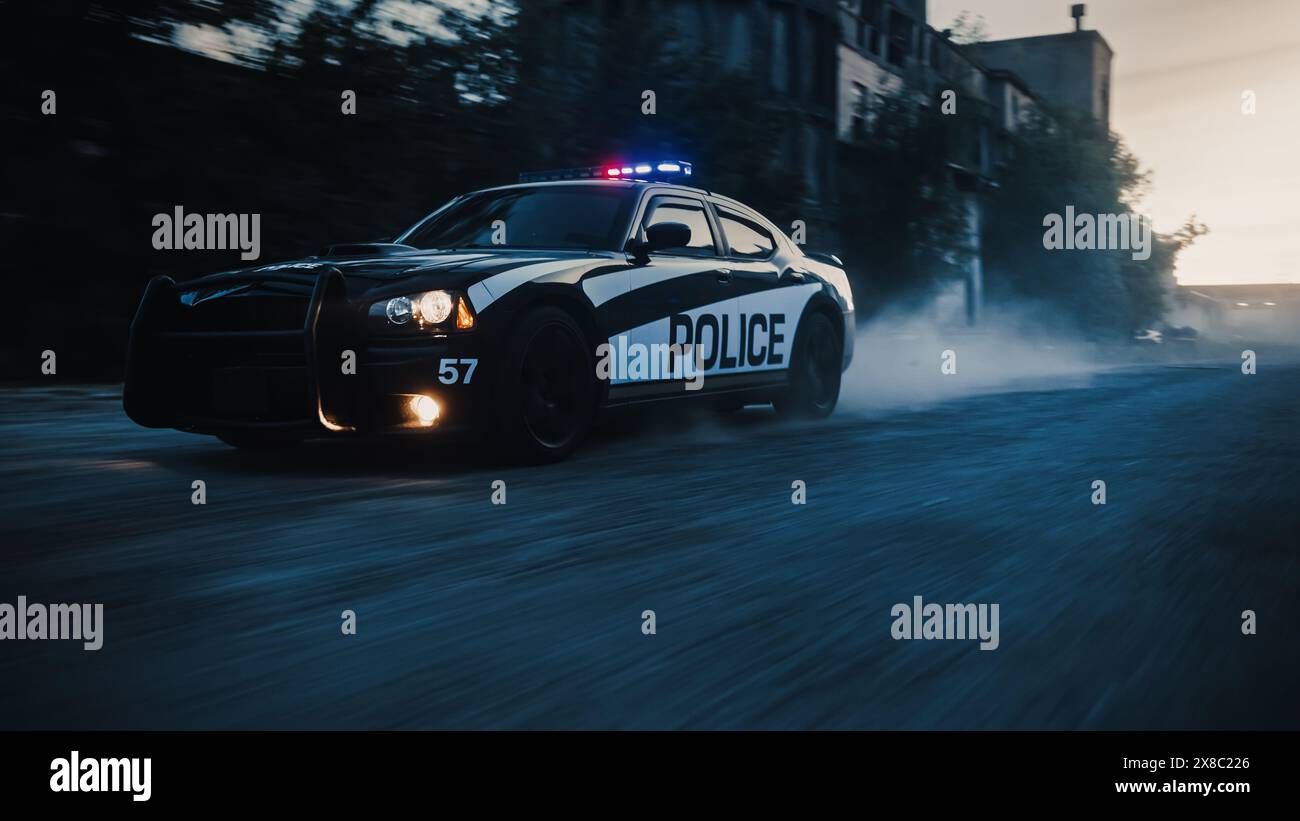 Traffic Patrol Car in Pursuit. Police Officers in Squad Car Chasing ...