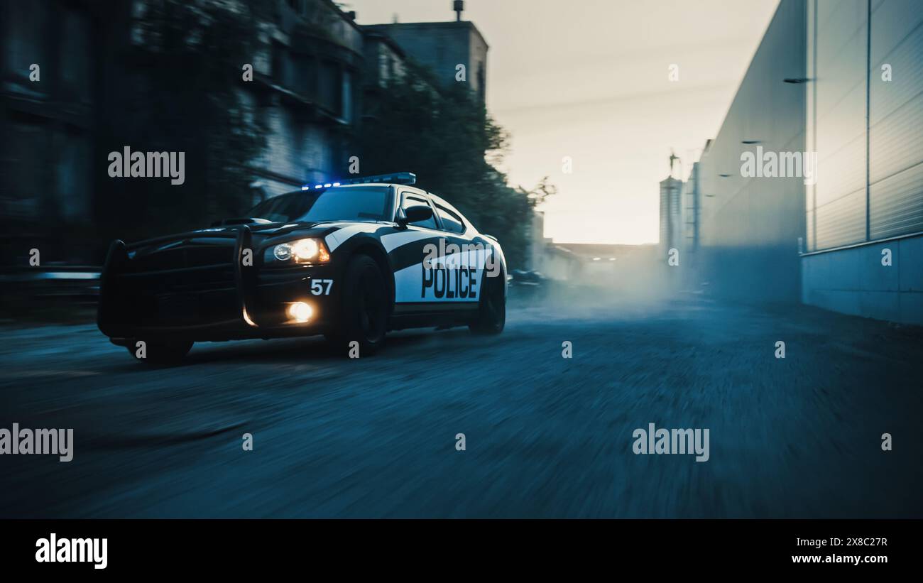 Traffic Patrol Car in Pursuit of Criminal Vehicle. Police Officers in ...