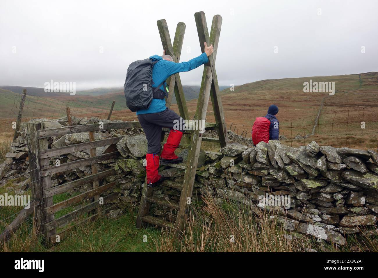 Man (Hiker) Climbing Wooden Ladder Stile over Dry Stone Wall on the ...