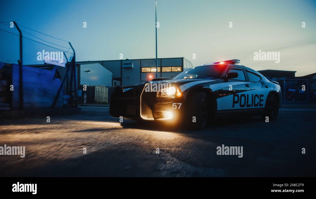 Traffic Patrol Car in Pursuit. Police Officers in Squad Car Chasing ...