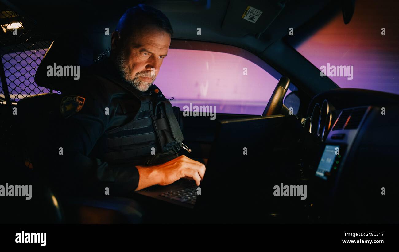 Inside Police Traffic Patrol Squad Car: White Male Police Officer on ...