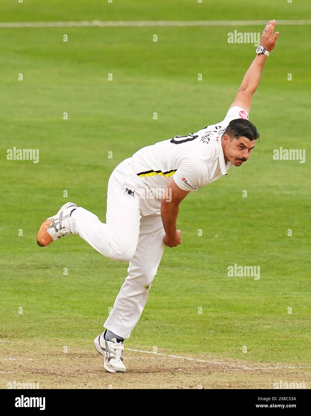 Bristol, UK, 24 May 2024. Gloucestershire's Marchant de Lange bowling ...