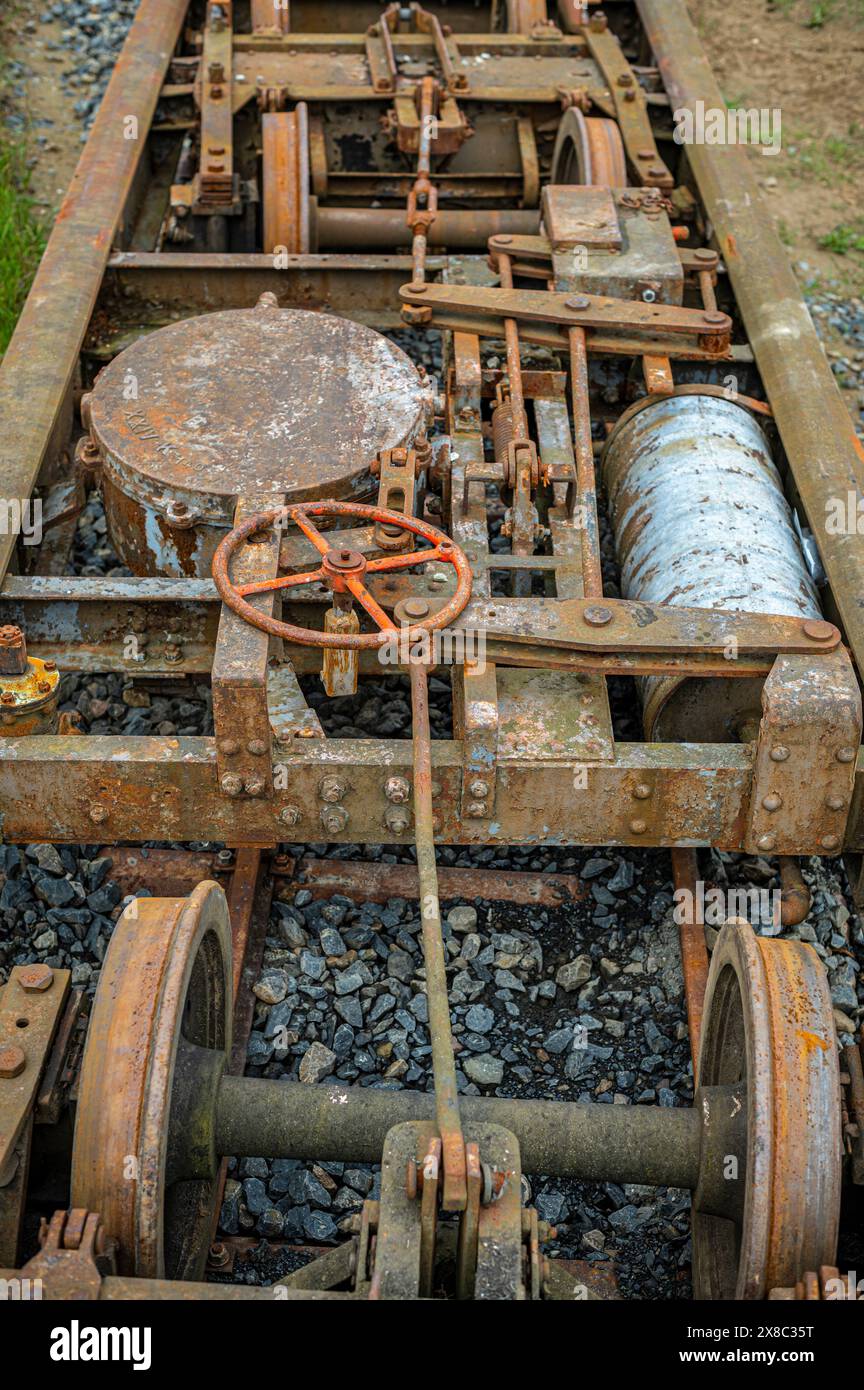 details of a train carriage chassis, with wheels, nuts, bolts and ...