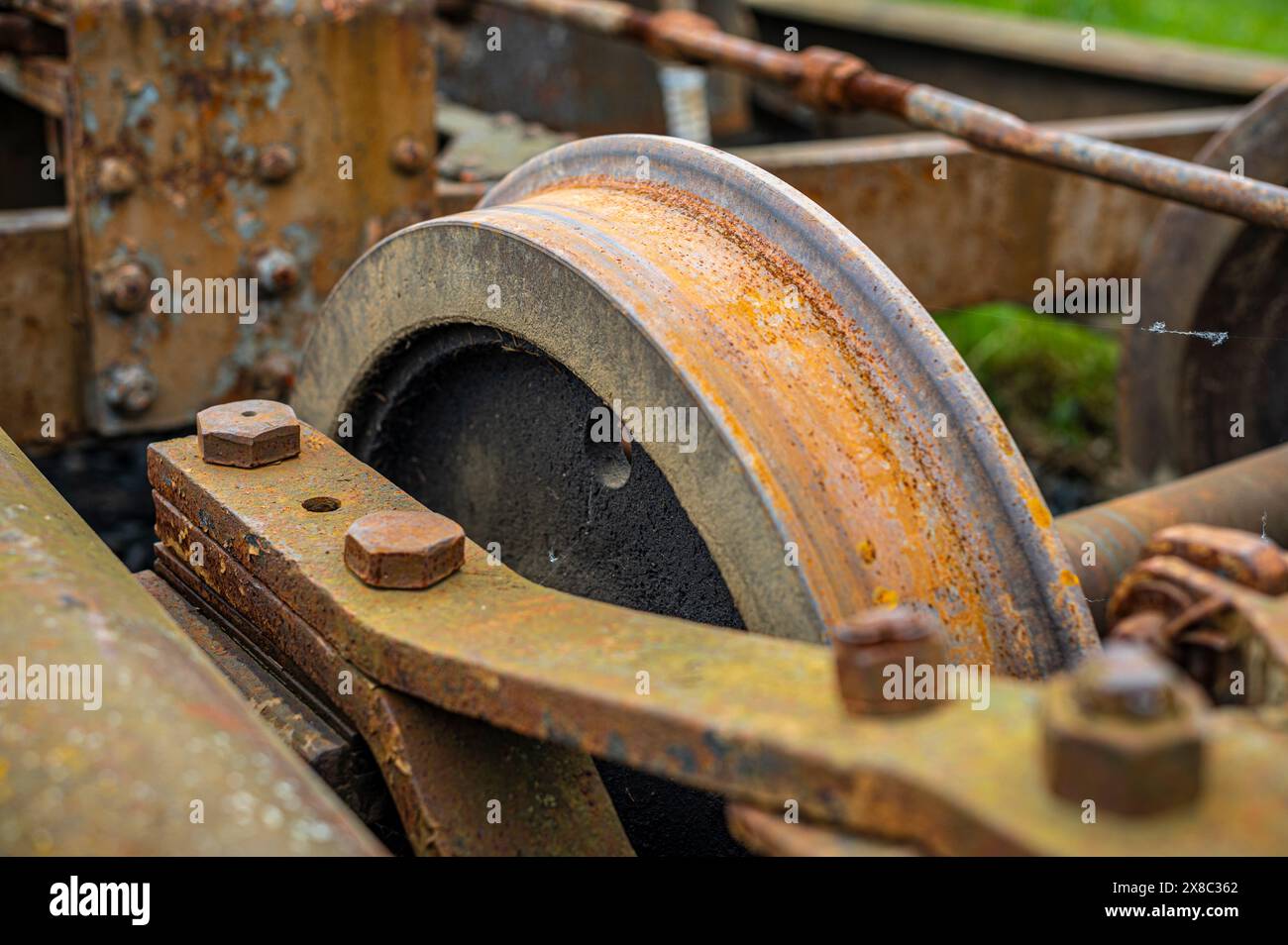 details of a train carriage chassis, with wheels, nuts, bolts and ...