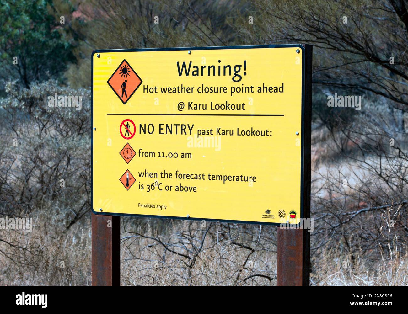 Hot weather warning signs at the start of Valley of the winds walking ...