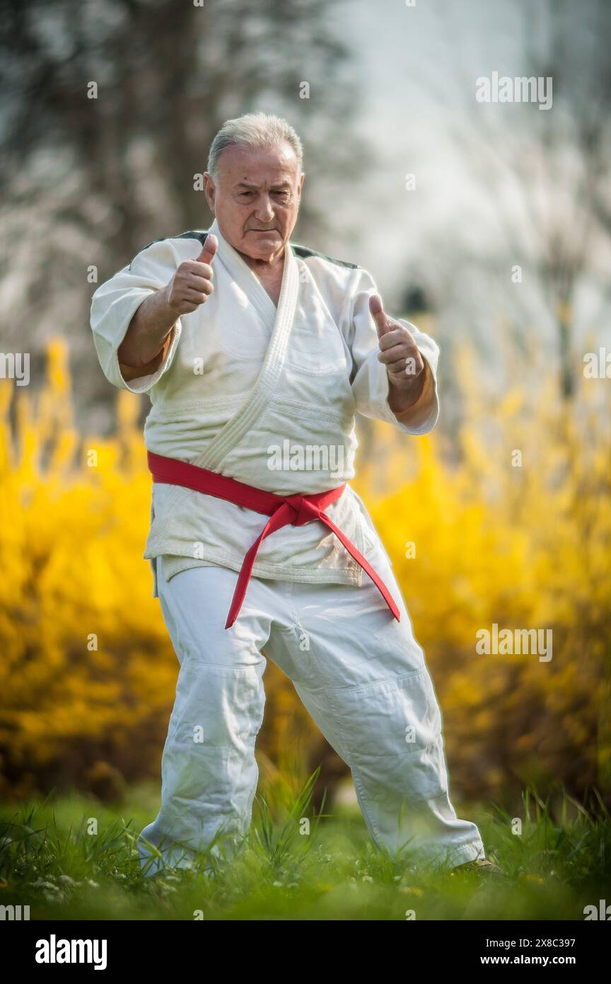 The serene warrior. A man in a karate stance with his fist up in a ...