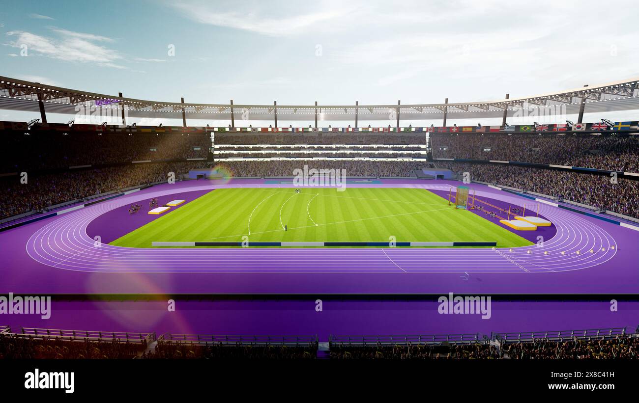 Sunlit open air stadium during sports event. Spectator areas and ...