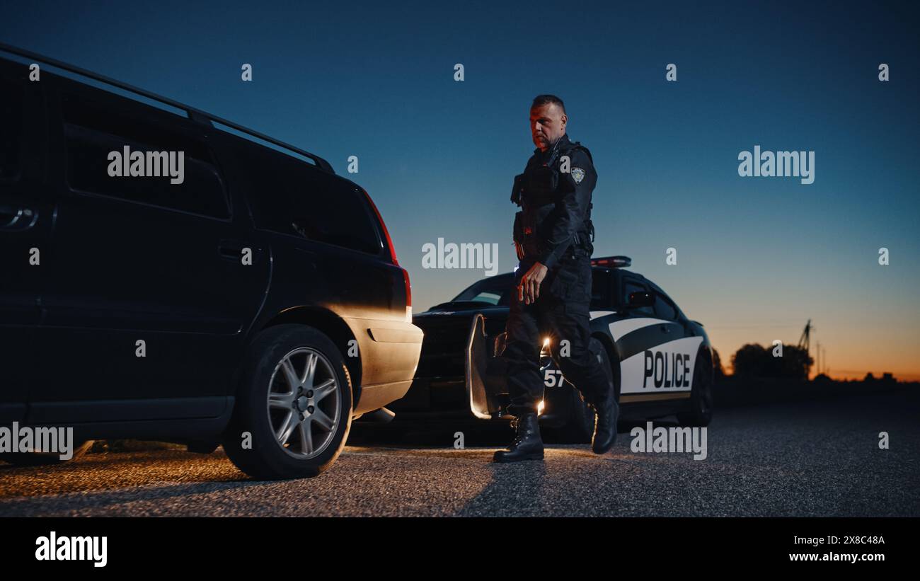 Portrait of Middle Aged Caucasian Cop Stepping out of a Police Car and ...