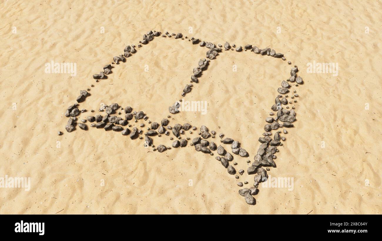 Conceptual stones on beach sand handmade symbol shape, golden sandy ...
