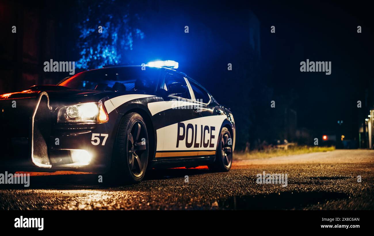 Cinematic Shot Police Car with Working Siren Flashlights Standing in ...