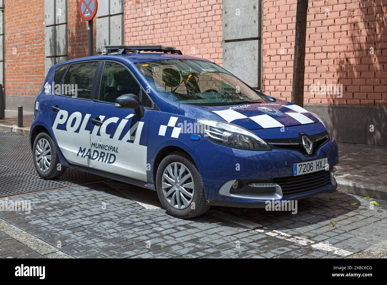 Madrid, Spain - June 06 2018: A blue police car from the Municipal police (Spanish: Policia ...