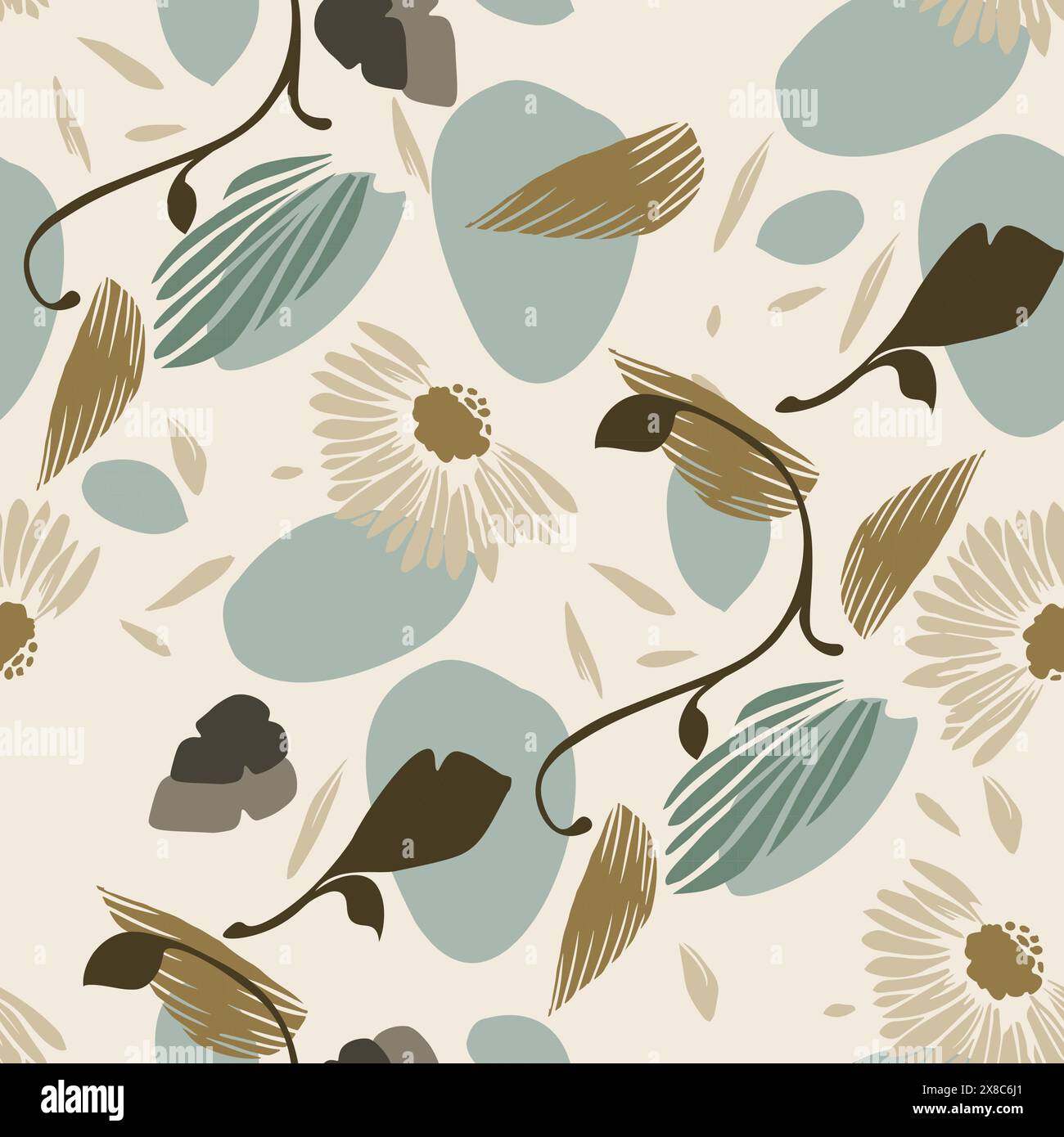 Seamless blue and gold floral pattern with floating leaves and petals ...