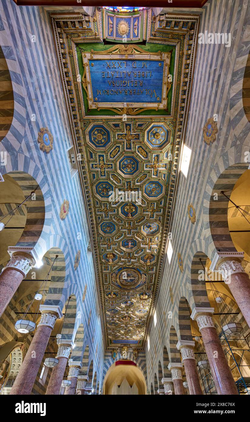 interior shot with ceiling of Volterra Cathedral, dedicated to the ...