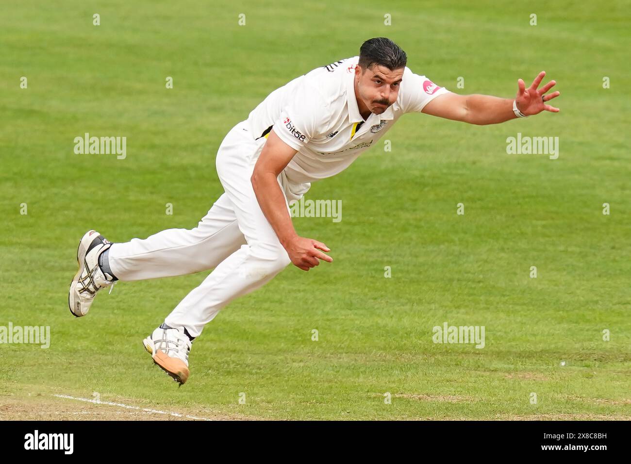 Bristol, UK, 24 May 2024. Gloucestershire's Marchant de Lange bowling ...