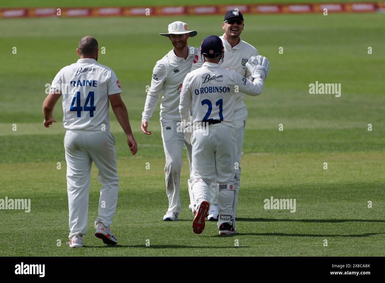 Durham's Alex Lees celebrates after catching Somerset's Tom Banton off ...
