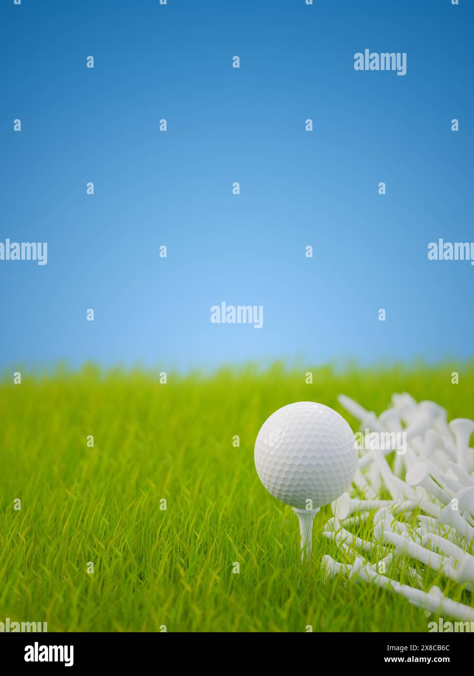 A golf ball on a golf tee on a lawn. Several tees in the grass ...