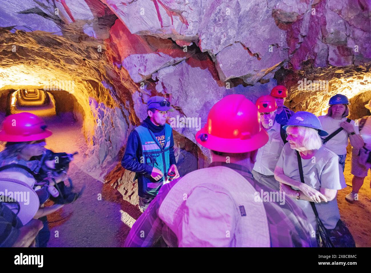 Mexico tourists and tour guide in the interior of Ojuela Mine - a small ...