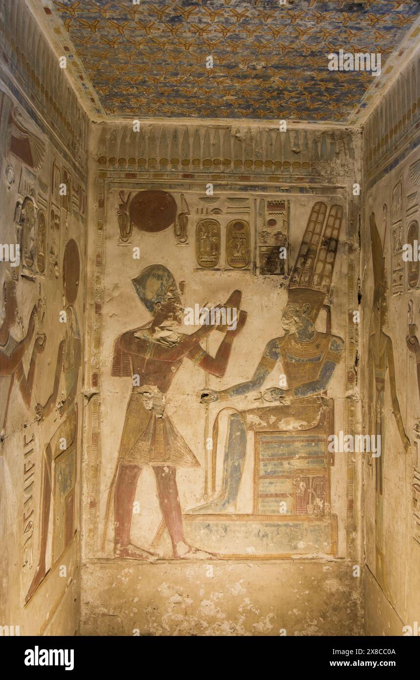 Bas-relief, Pharaoh Seti I (left), Temple of Seti I, Abydos, Egypt ...