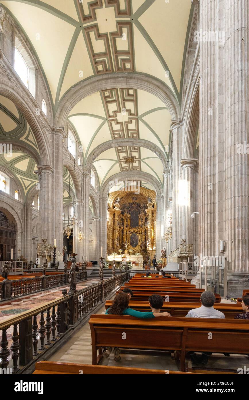 Mexico City cathedral interior; The Nave looking towards the altar ...