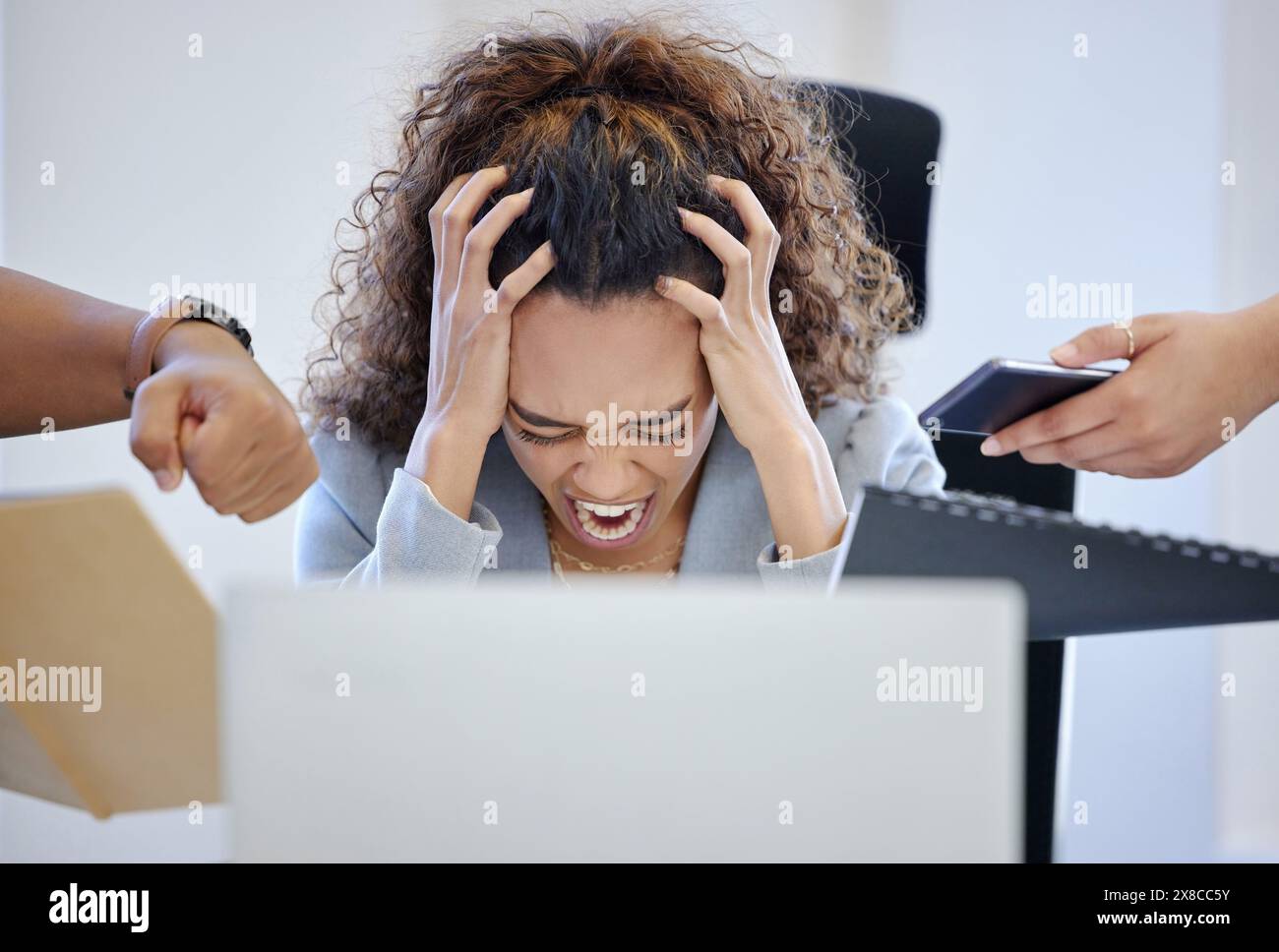 Stress, business woman and headache with coworker hands for giving book ...