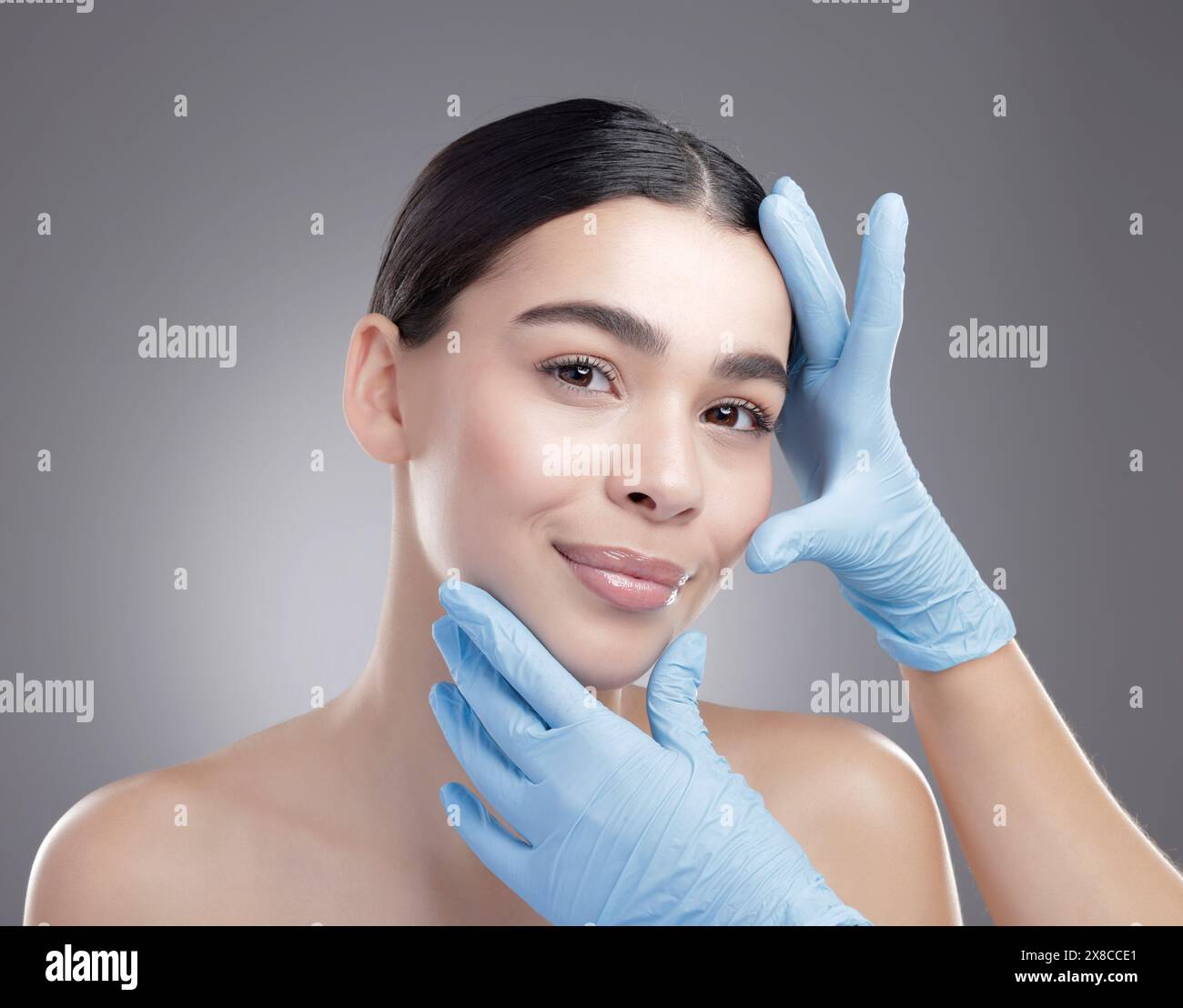 Doctor hands, woman and plastic surgery for cosmetics, aesthetic and ...