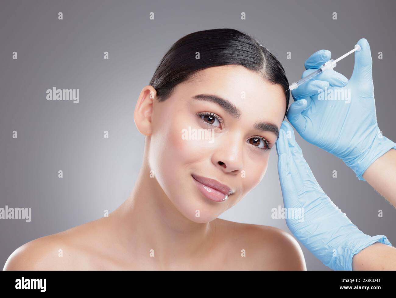 Woman, portrait and plastic surgery, beauty and injection in studio for ...
