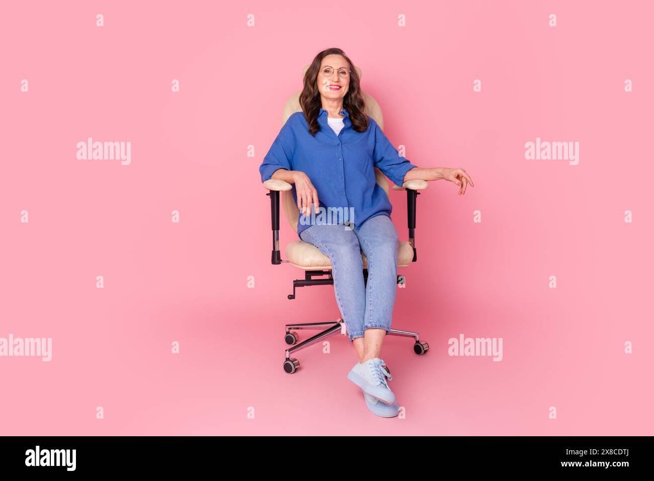 Full length photo of lovely senior lady sit office armchair dressed ...