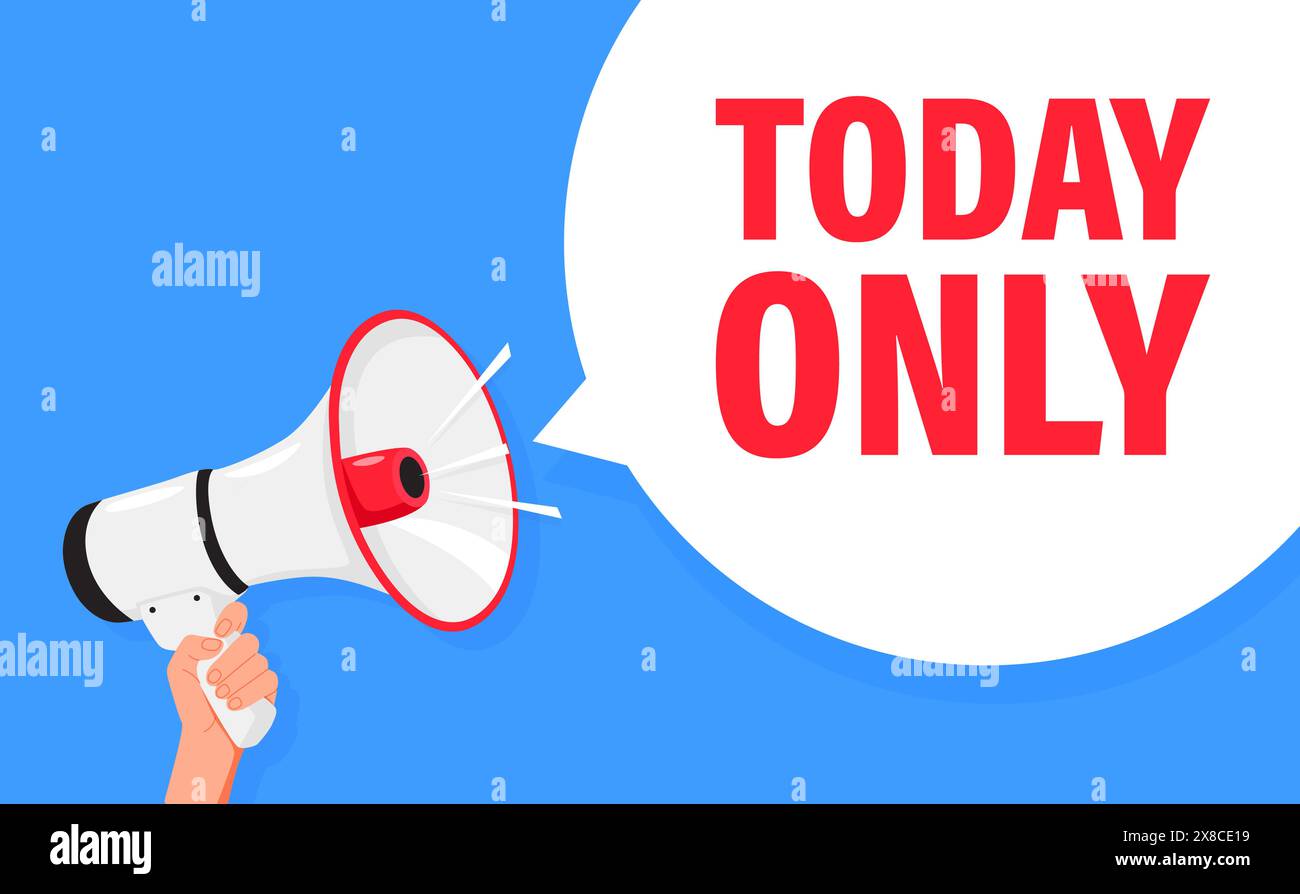Today only. Hand hold megaphone speaker for announce. Attention please ...