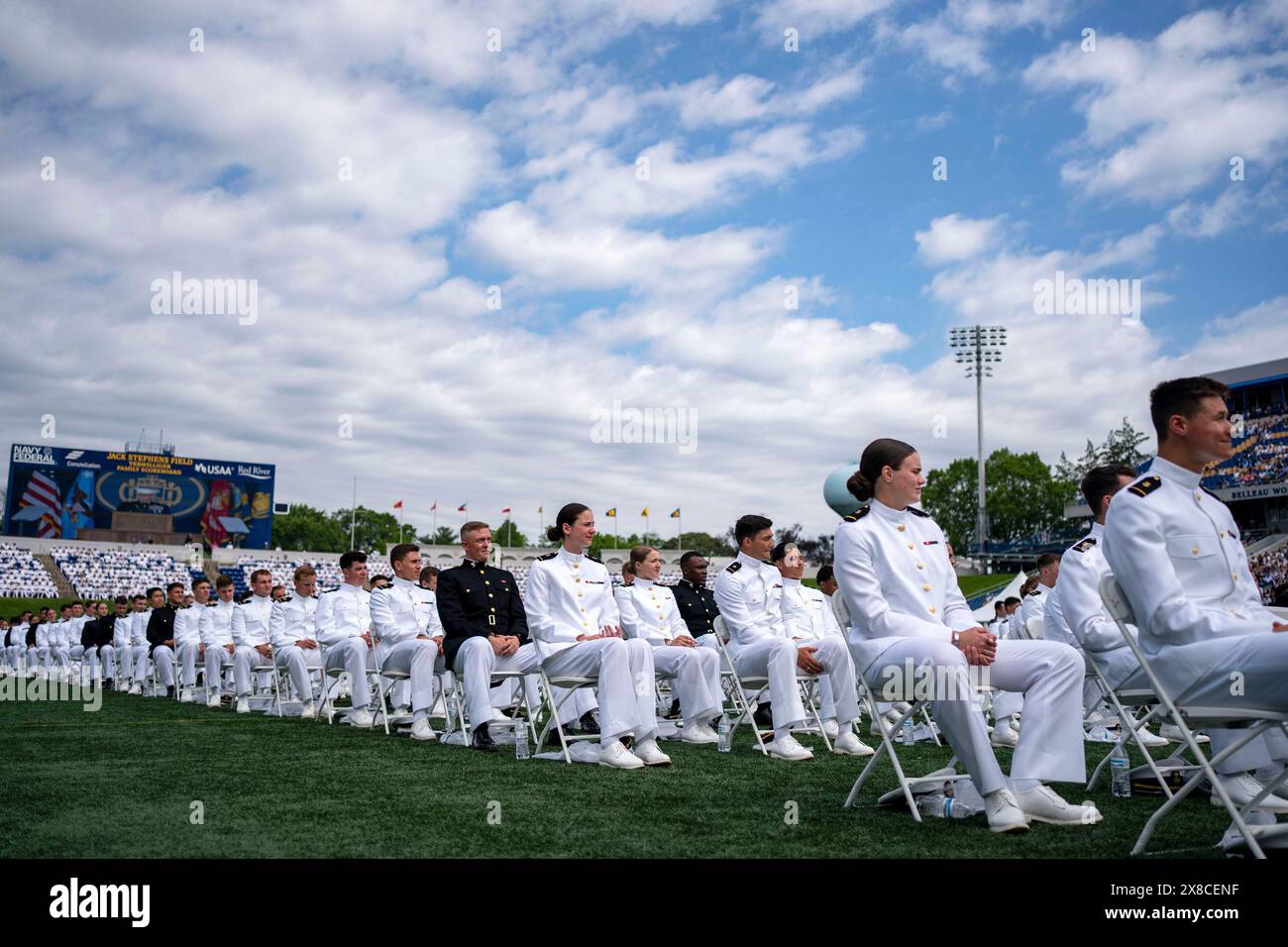 Annapolis, United States. 24th May, 2024. Midshipmen look on during the ...