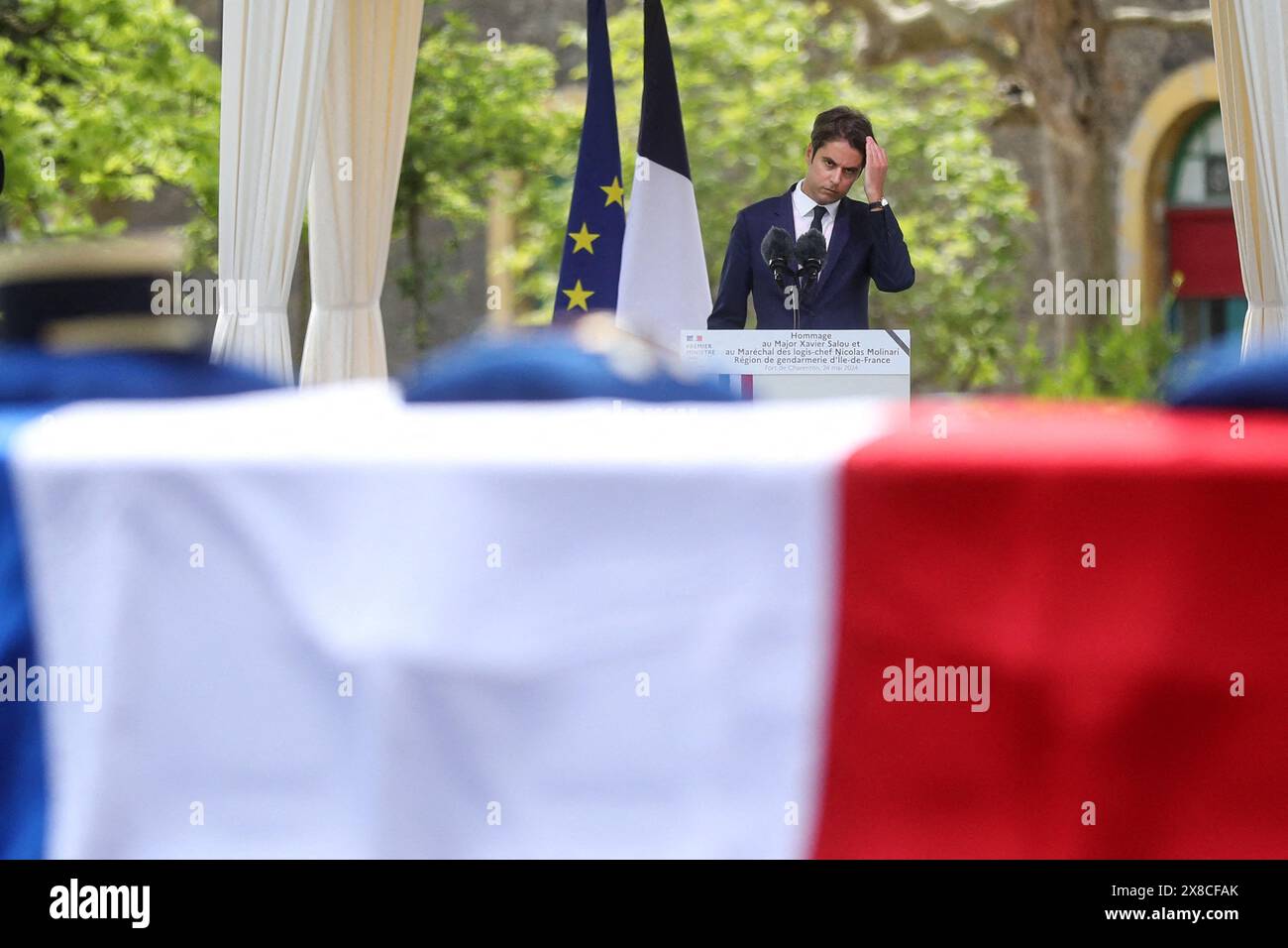 French Prime Minister Gabriel Attal during a military funeral ceremony ...