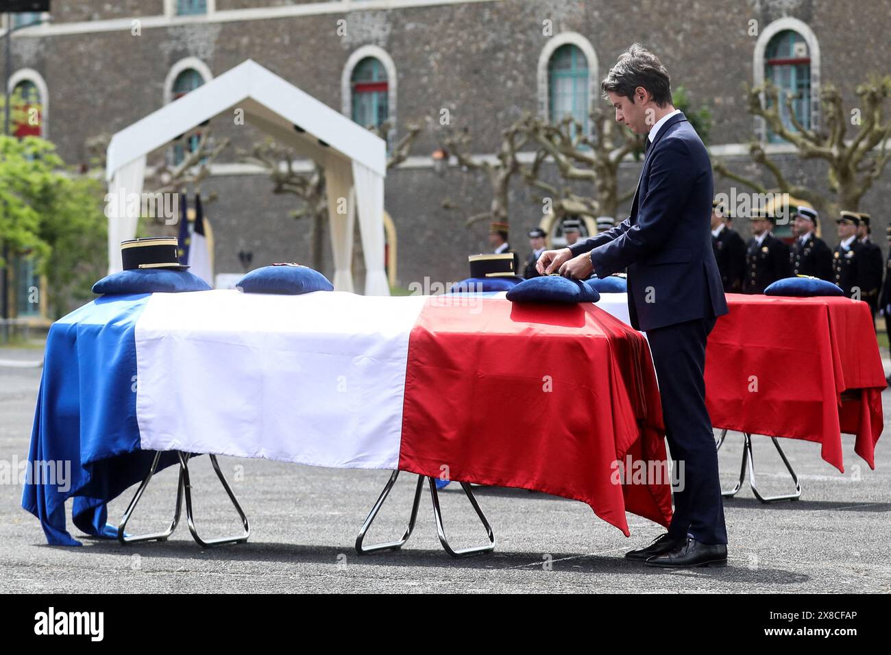 French Prime Minister Gabriel Attal during a military funeral ceremony ...