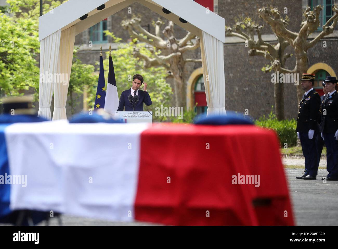 French Prime Minister Gabriel Attal during a military funeral ceremony ...