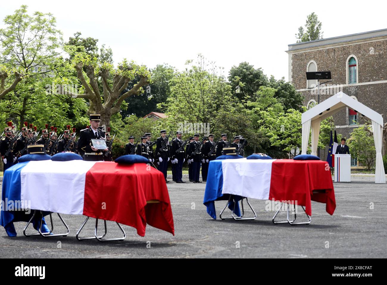 French Prime Minister Gabriel Attal during a military funeral ceremony ...